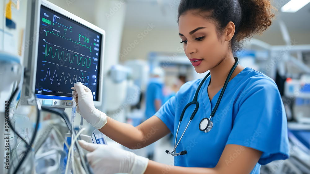 Nurse in blue scrubs carefully handles medical equipment, watching ...