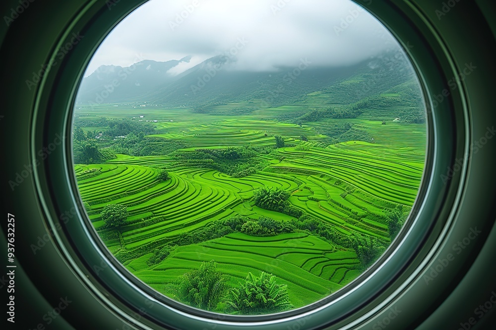 Passenger Aircraft Wing Over Rice Fields A picturesque view of an ...