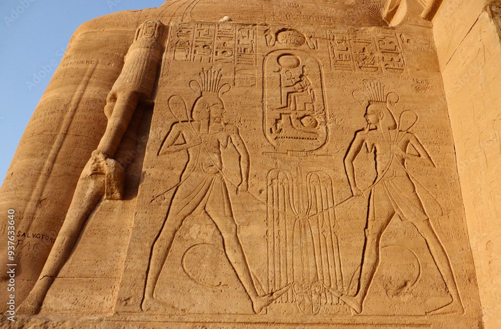 Ancient egyptian carvings and hieroglyphs at Abu Simbel temple Stock ...