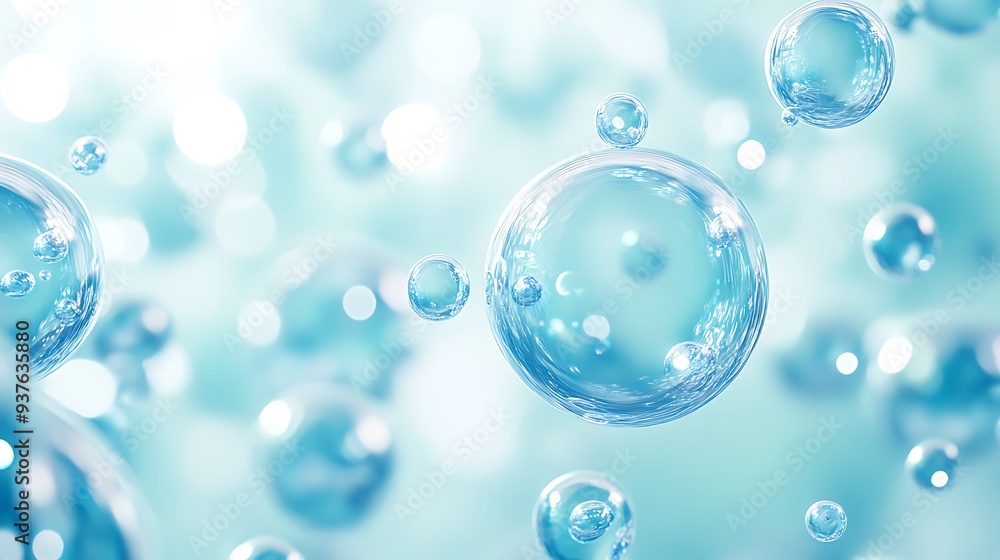 Bright and airy scene of clear blue bubbles varying in size, floating ...