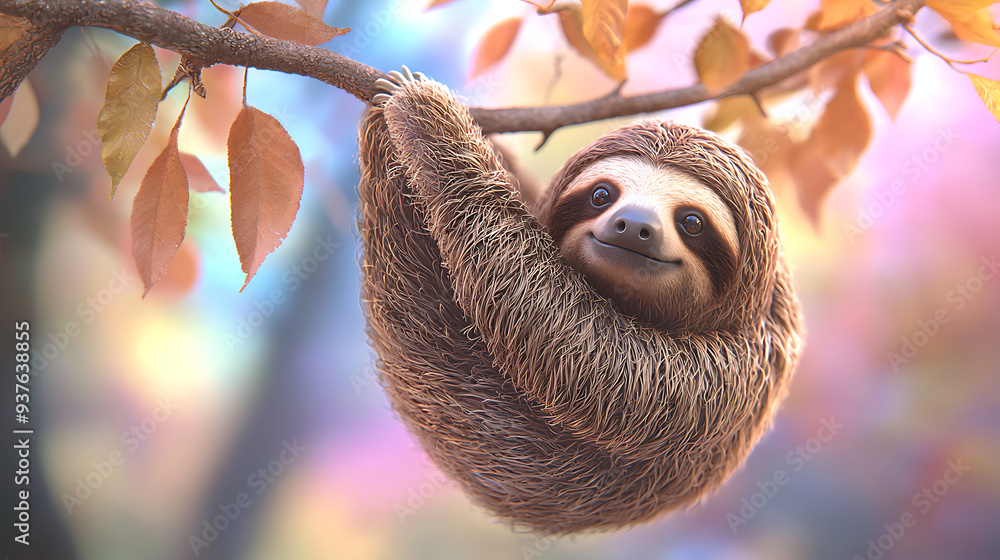 A 3D sloth hanging from a branch with a soft pastel background on the ...