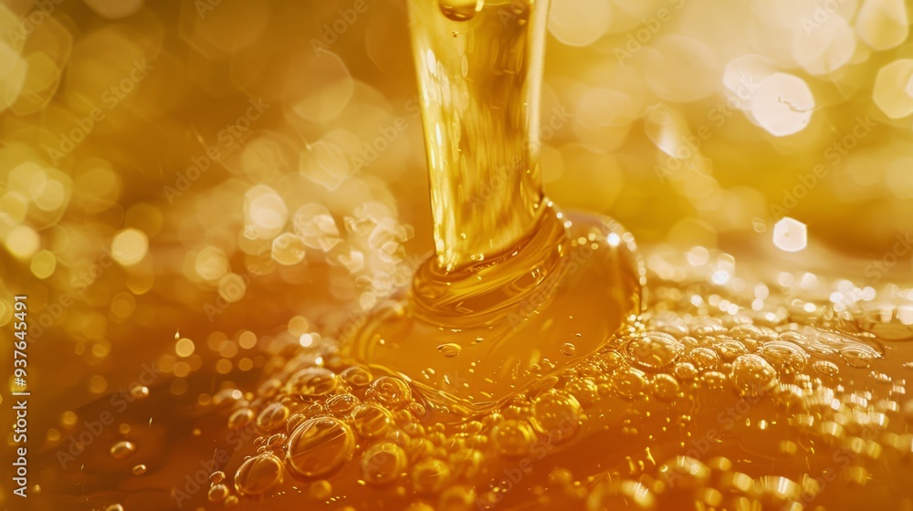 Golden syrup being poured in a close-up shot, displaying its thick and ...