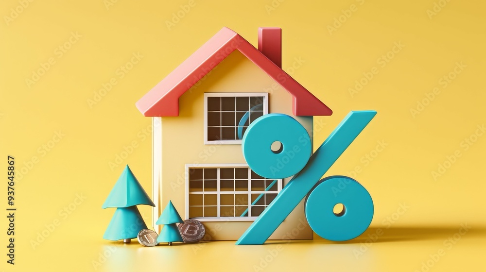 Colorful model of a house with percentage symbol, representing real ...