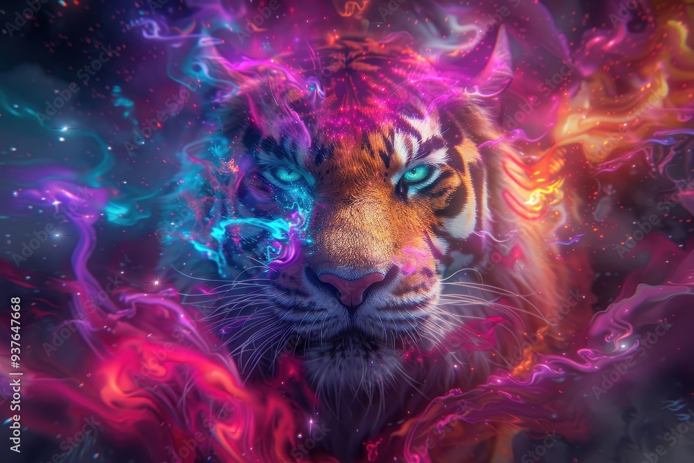Cosmic Tiger Guardian, a majestic tiger roams through vibrant galaxies ...