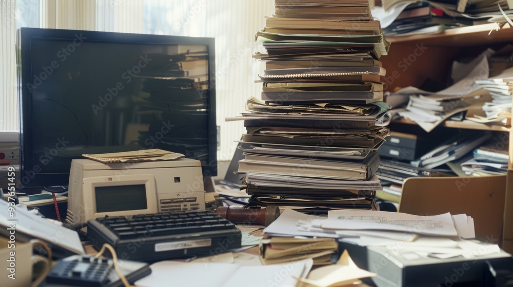 An office desk buried under heaps of documents and books, with an old ...