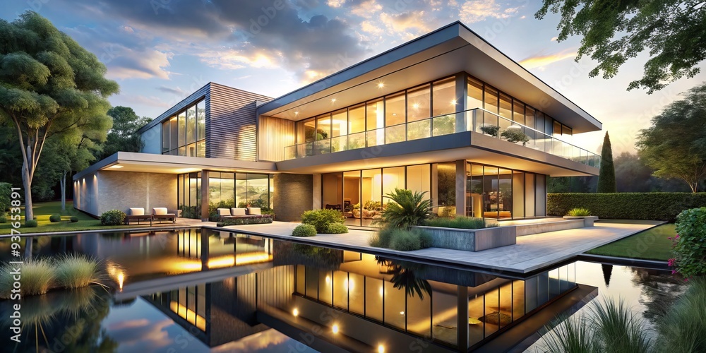 Luxurious morning light highlights the sleek modern mansion's exterior ...