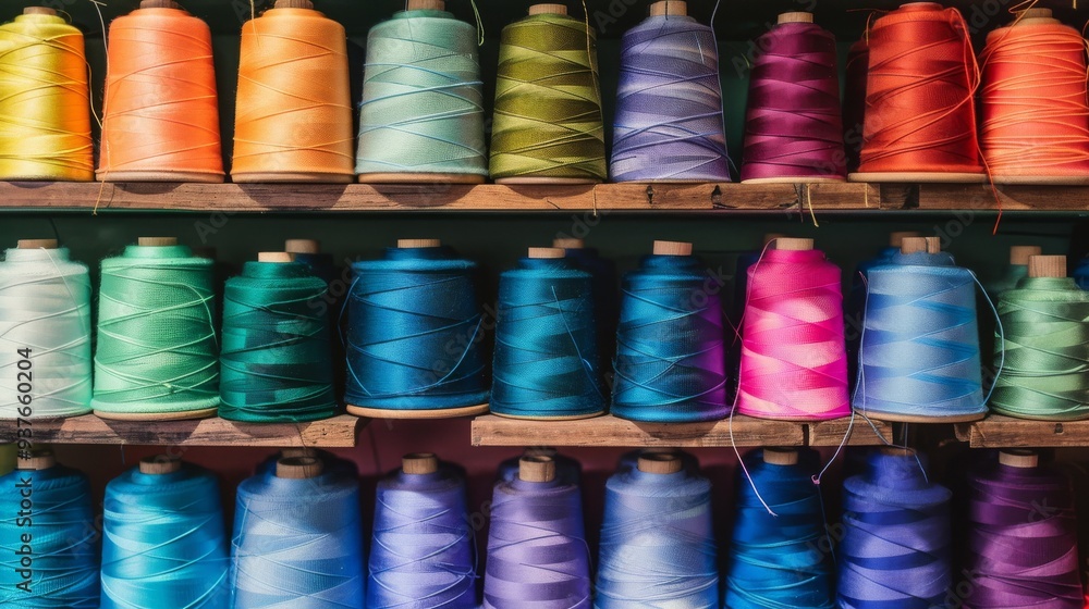 Spools of thread in a rainbow of colors neatly arranged on shelves ...