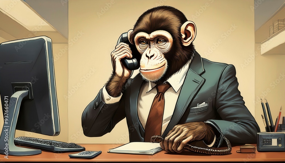 Chimpanzee using phone illustration. A smiling monkey. monkey with a ...