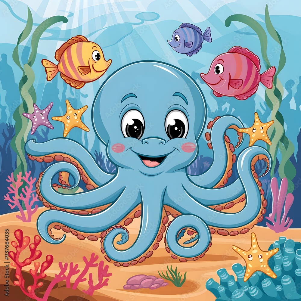 children's illustration featuring a friendly, cartoon blue octopus ...
