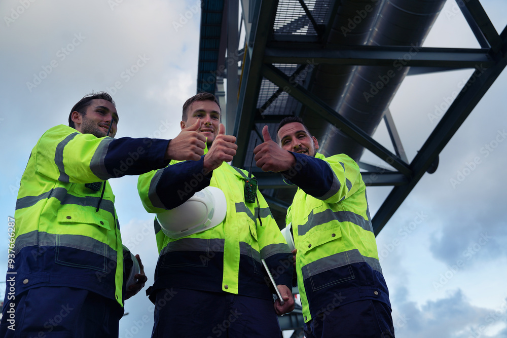 Group of three male engineers inspecting the work together and ...