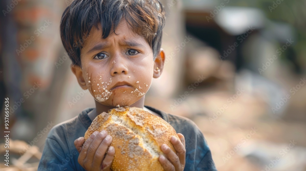 Portrait of a sad Indian child holding bread in his hands, tears ...