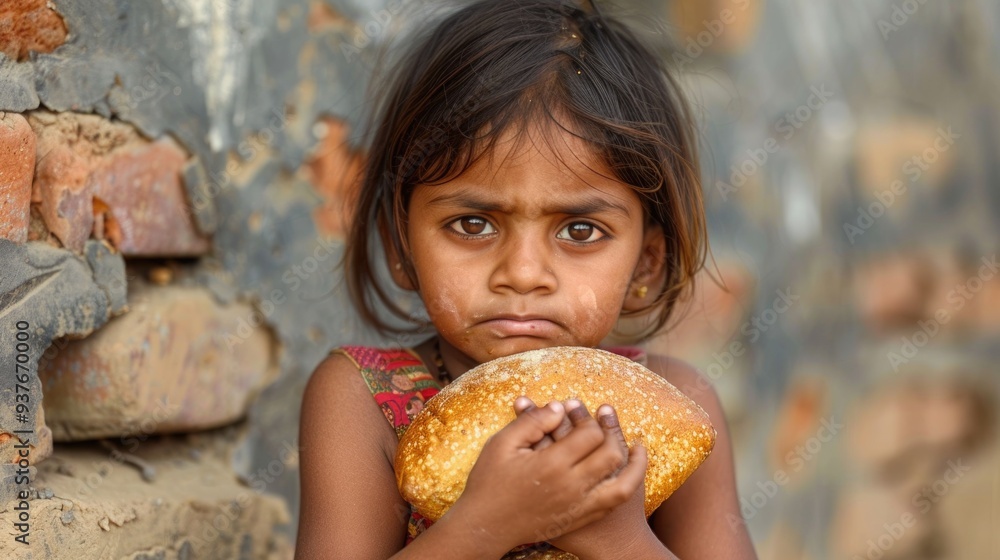 Portrait of a sad Indian child holding bread in his hands, tears ...