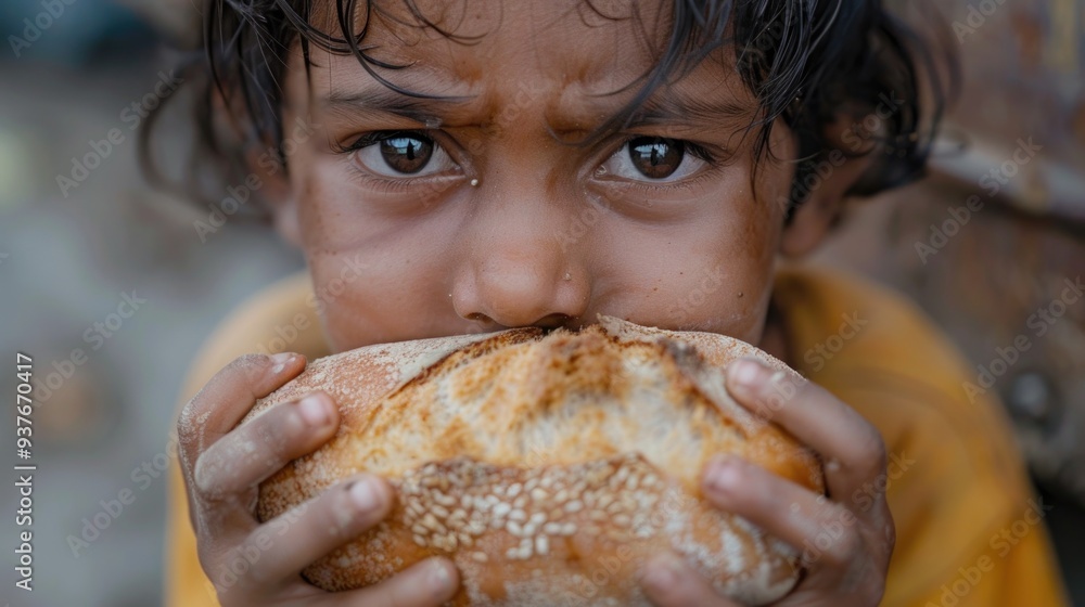 Portrait of a sad Indian child holding bread in his hands, tears ...