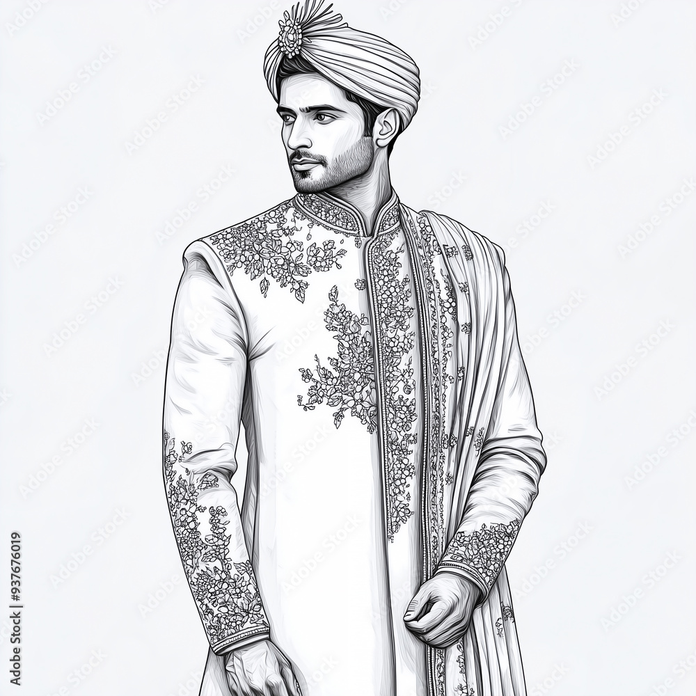 Detailed Outline of Indian Man in Sherwani Attire | For Creative Use in ...