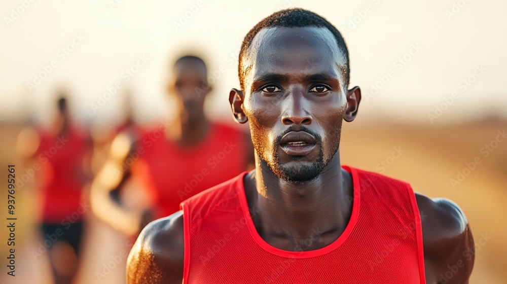 Marathon runners nearing the finish line, the leader s face focused and ...