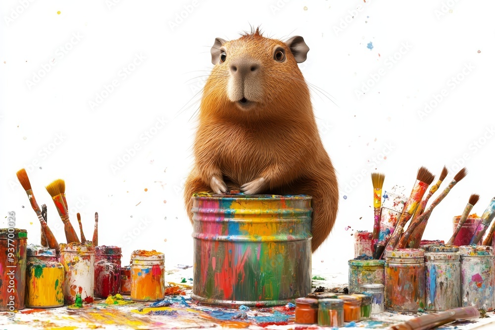 Capybara in a messy art studio with paint cans brushes and splattered ...