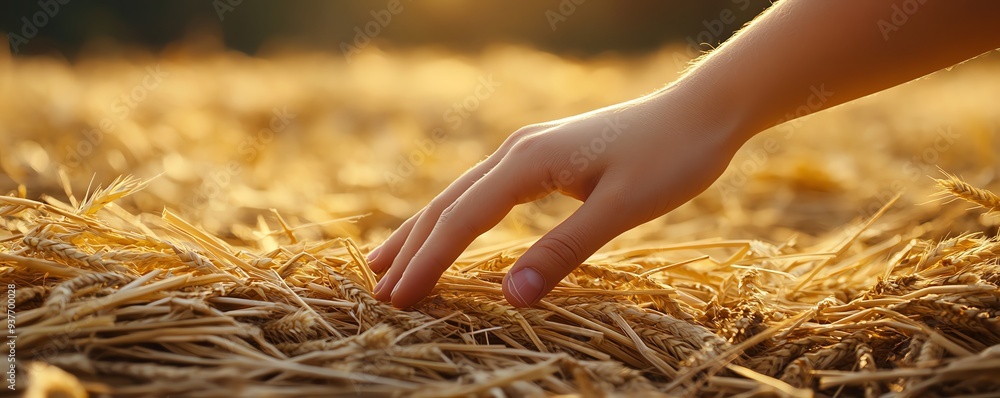 Hand reaching out to touch a stack of straw, Main keyword straw ...