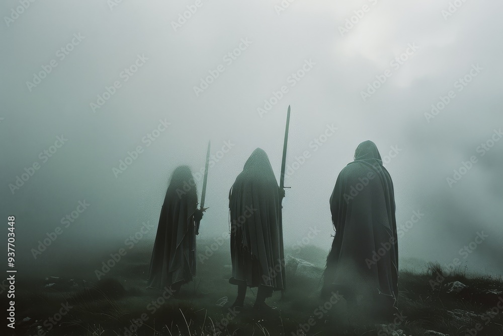 Three hooded figures wielding swords stand in a misty, eerie landscape ...