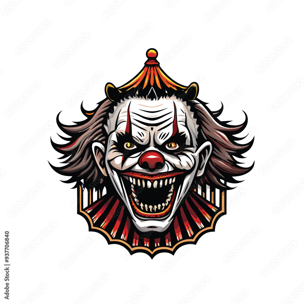 A grotesque, twisted clown monster with a wide, horrifying grin, framed ...