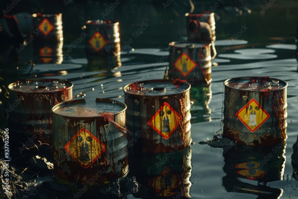 Industrial barrels marked with hazardous material signs partially ...