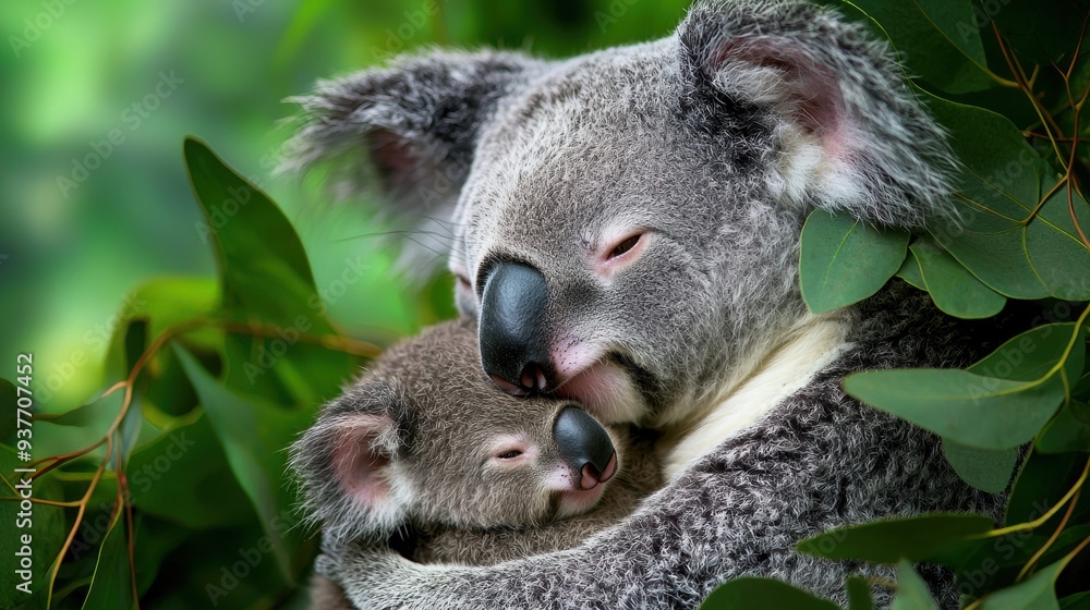 Koala mother hugging baby in eucalyptus tree A tender moment between a ...