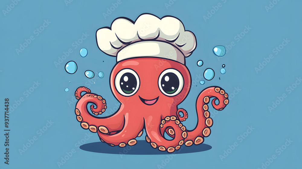 Cheerful 2d cartoon octopus with a chef's hat, smiling amidst a cluster ...