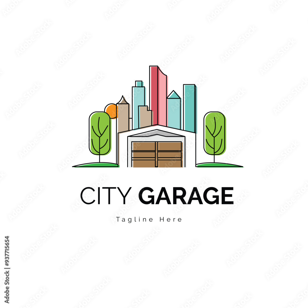 Commercial building, city and Garage door logo vector illustration with ...
