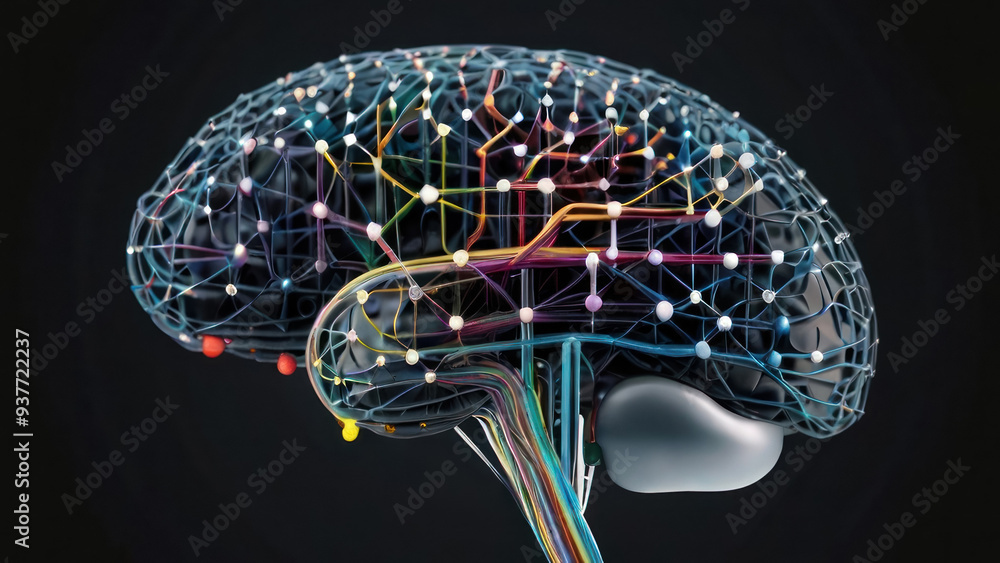 A 3D brain image with a detailed neural network, illustrating the ...