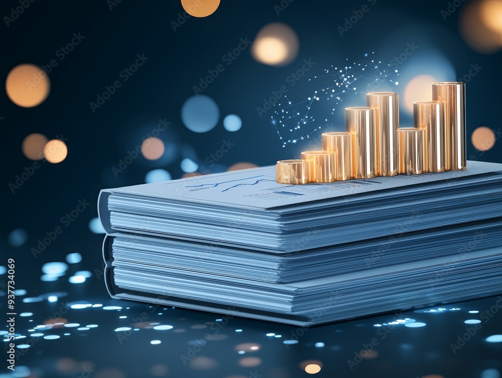Stacked books with a rising bar graph made from golden bars on top ...
