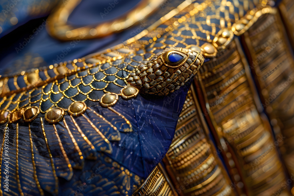Macro shot of ancient Egyptian nemes crown with gold, lapis lazuli, and ...