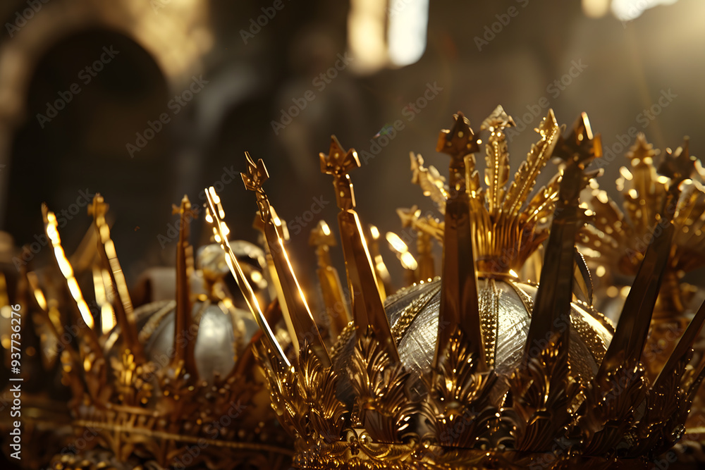 Ancient Roman crowns with golden rays and fortress design, representing ...
