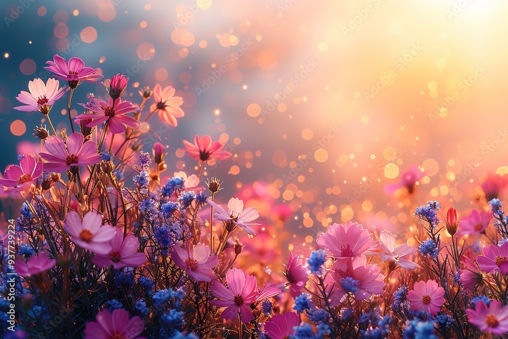 Colorful flower meadow with sunbeams and bokeh lights in summer - nature background banner with ...