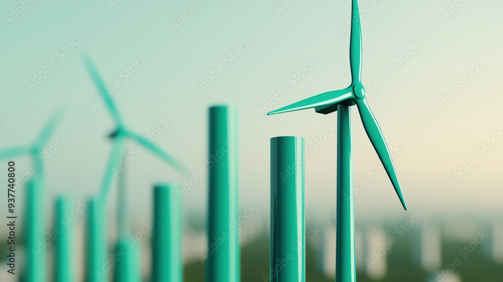 Green chart with rising bars, overlay of wind turbines, renewable ...
