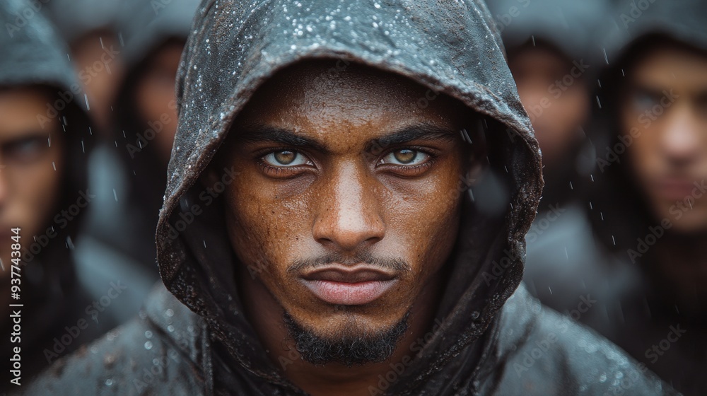 Soldier wearing a hooded raincoat is standing in the rain with other ...