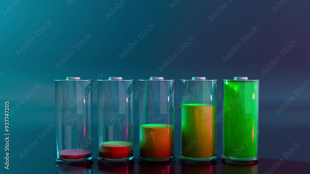 battery charging animation from red to green color, battery level ...