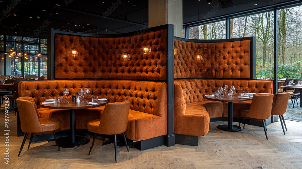 Cozy modern restaurant booth seating with plush orange upholstery and ...