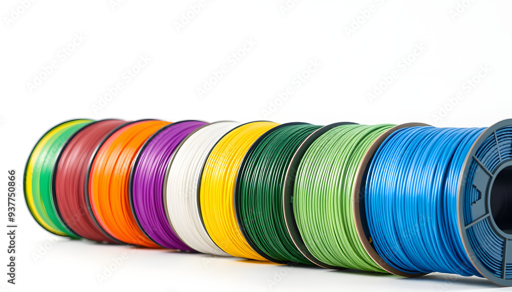 row of colorful 3d printing filament PLA material on environmentally ...