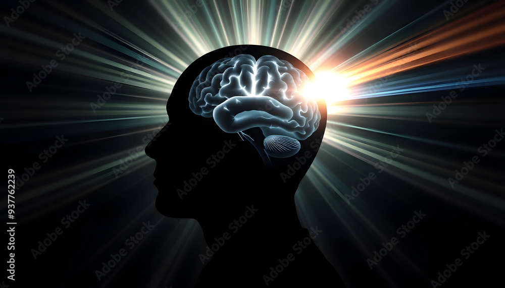 A silhouete of a man with rays of light emanating from the brain as a ...