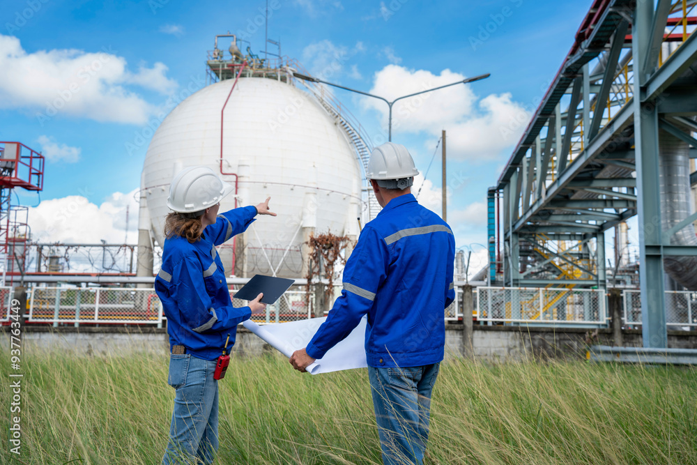 Team Petroleum chemical engineer discussion about blueprint drawings ...