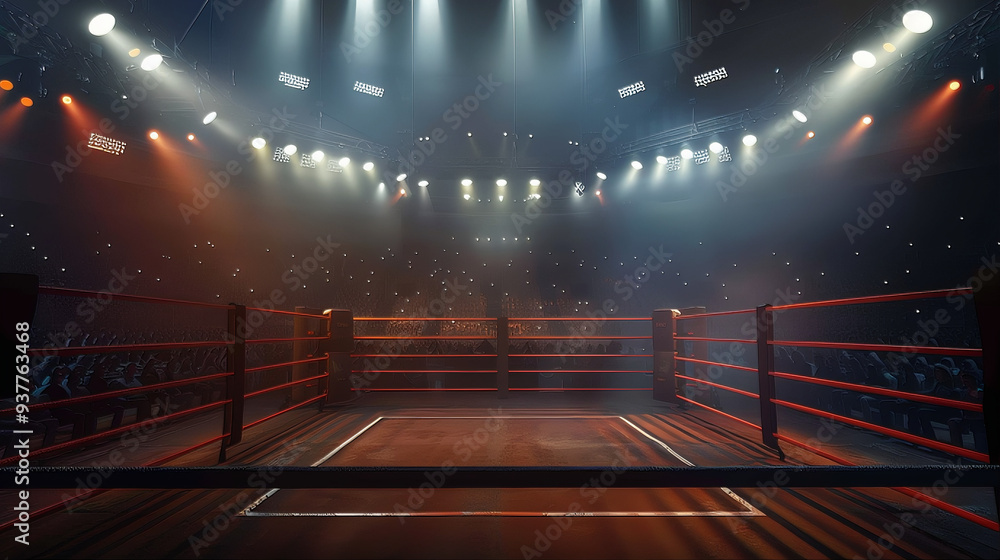 WWE illuminated wrestling ring corner. Empty boxing ring with spotlight ...