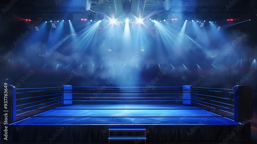 WWE illuminated wrestling ring corner. Empty boxing ring with spotlight ...