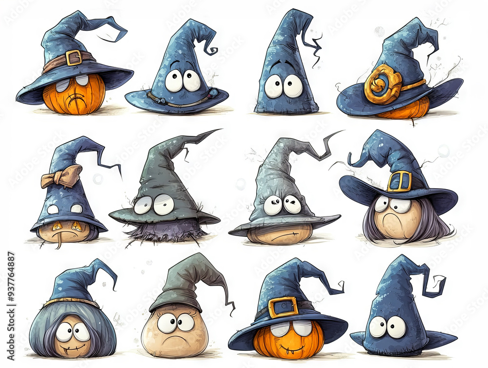 Character sheet of whimsical cute illustrated halloween witch hat ...