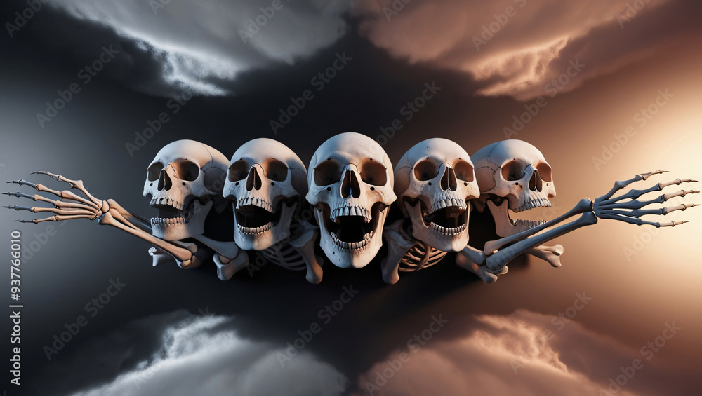 Digital artwork with five detailed skulls in a line, open mouths ...