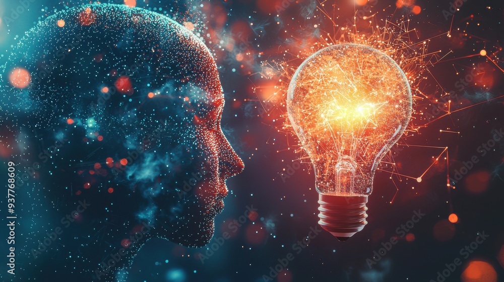 A bright idea conceptualized as a glowing lightbulb floating above a ...