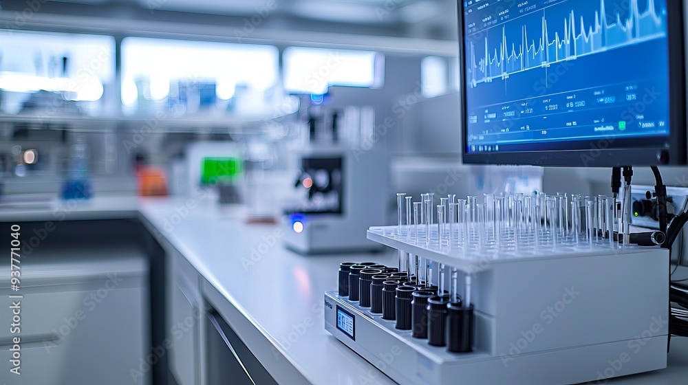 Modern laboratory equipment with test tubes and a computer monitor ...