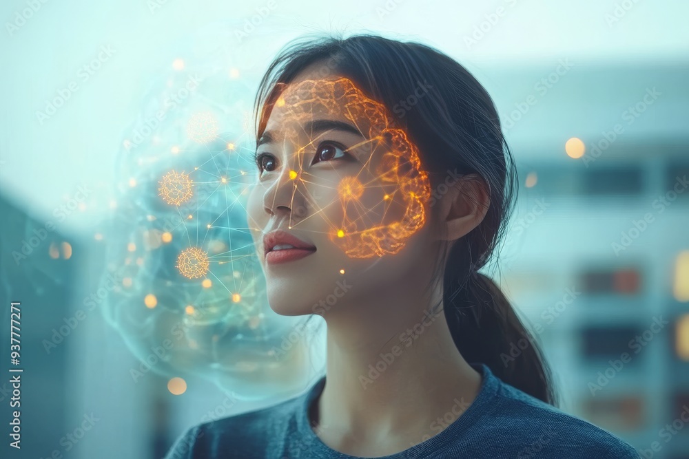 Young woman with digital neural network overlay on her face ...