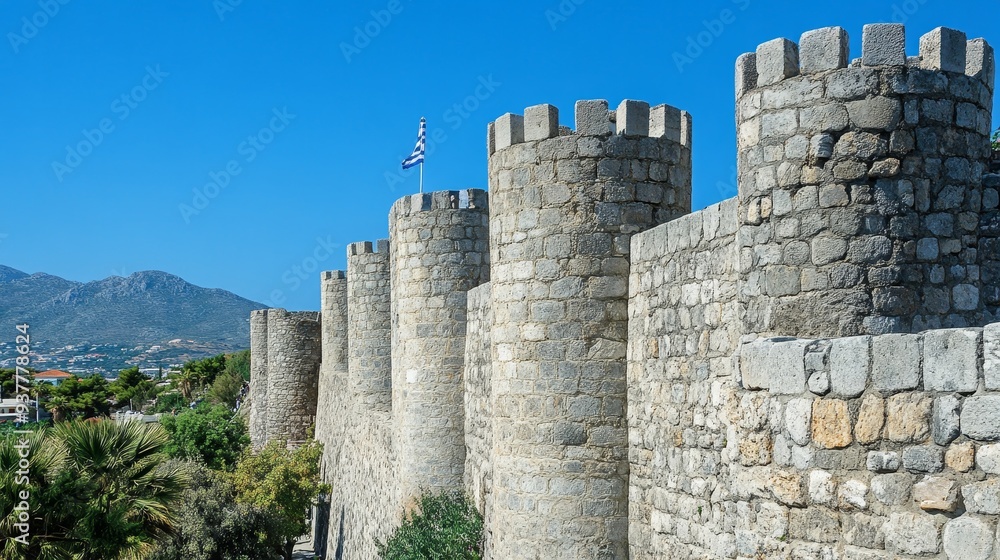 Ancient Stone Fortress Wall with Greek Flag - A historic stone fortress ...