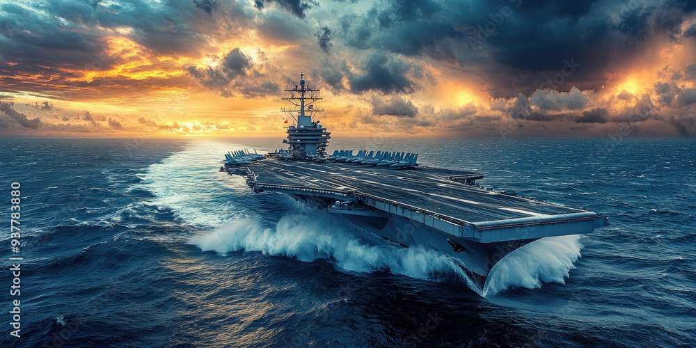 Us navy aircraft carrier sails gracefully with fighter jets on its deck ...