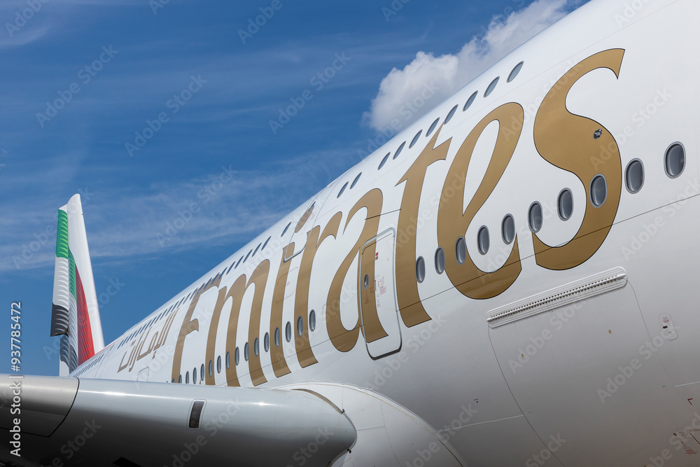 Emirates Airlines company logo from Dubai. Exterior of Airbus A380 ...