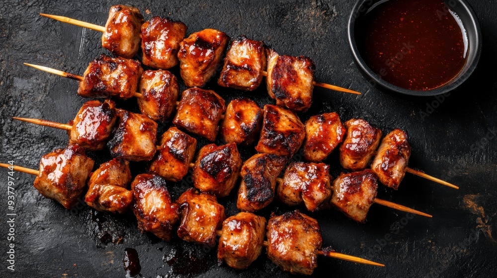 Shawarma skewers grilled and served with barbecue sauce Grilled meat ...